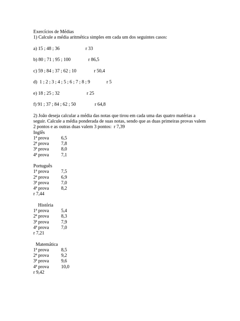 Exercícios de Médias | PDF