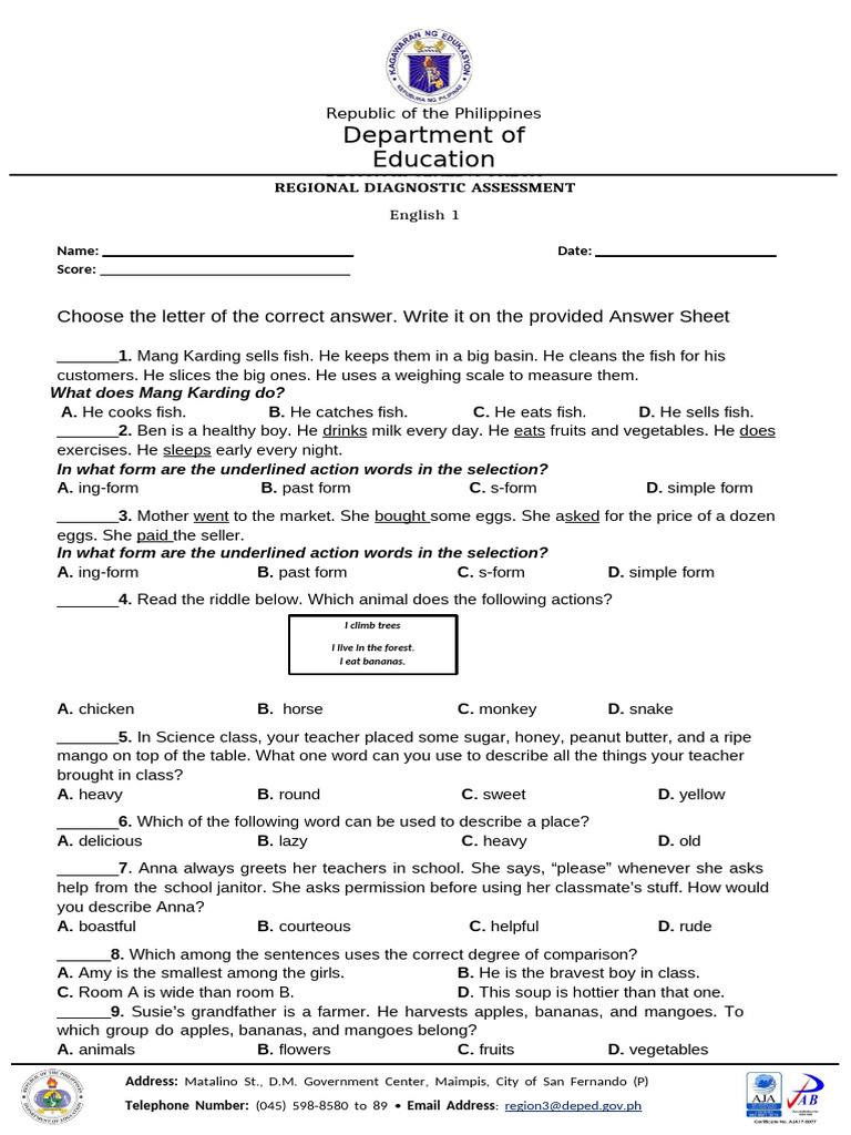 English 1 Diagnostic Assessment Guide Pdf Punctuation