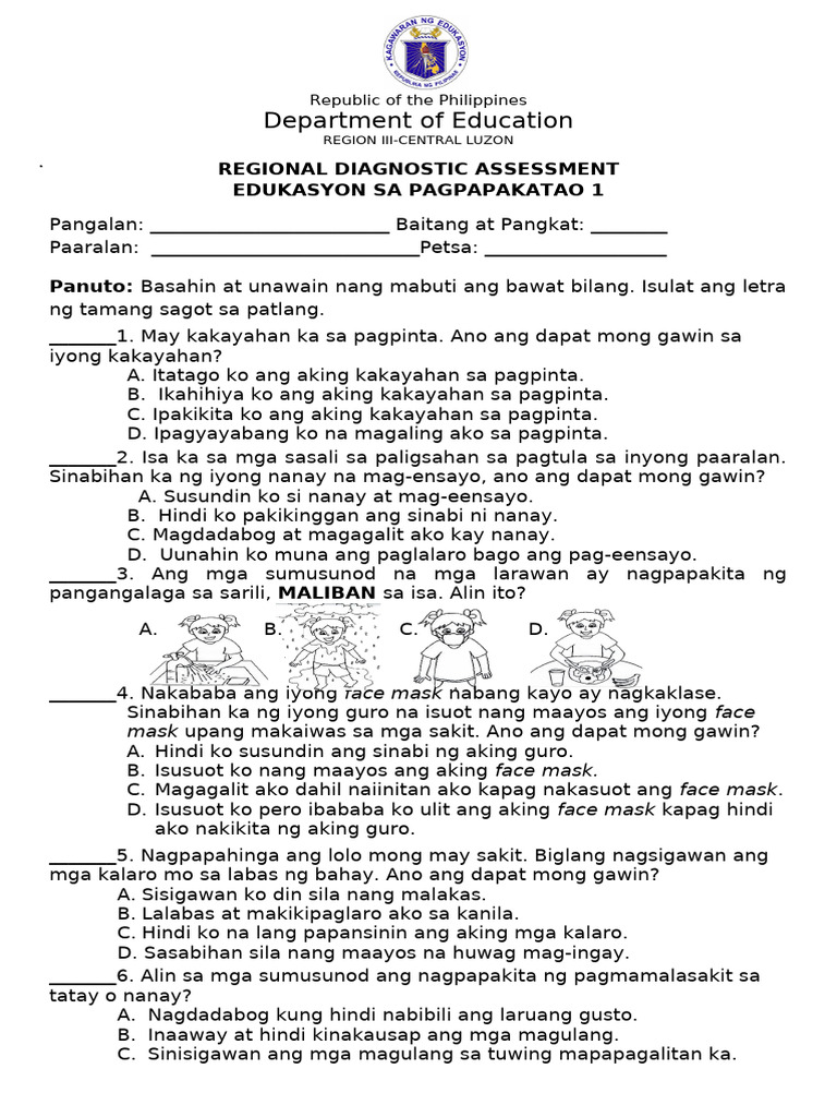 EDITED Diagnostic Assessment EsP Grade 1 | PDF
