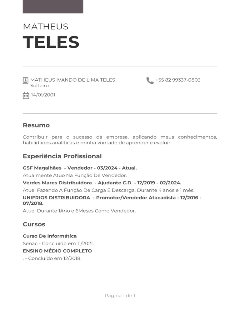 Currículo de Matheus Teles: Vendedor Experiente | PDF | Negócios