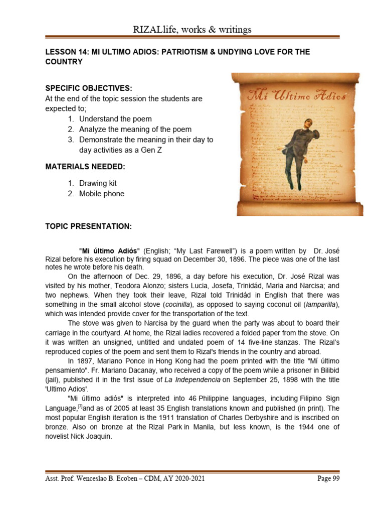 Rizal TOPIC 14 Mi Ultimo Adios 1 | PDF | Philippines | Poems