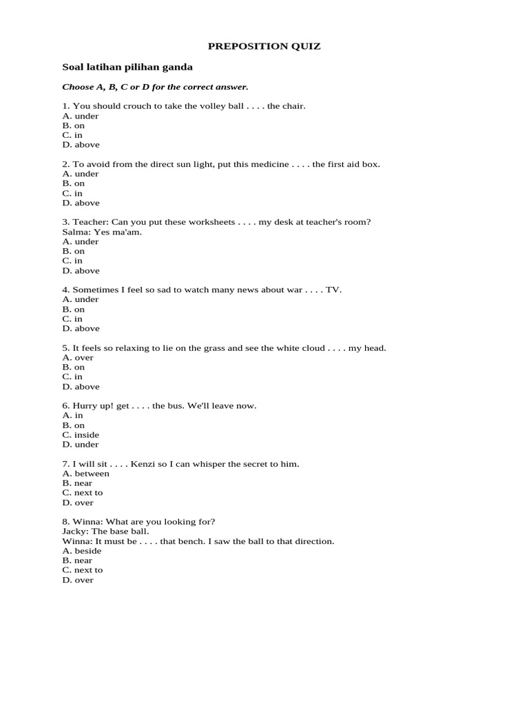 PREPOSITION QUIZ | PDF