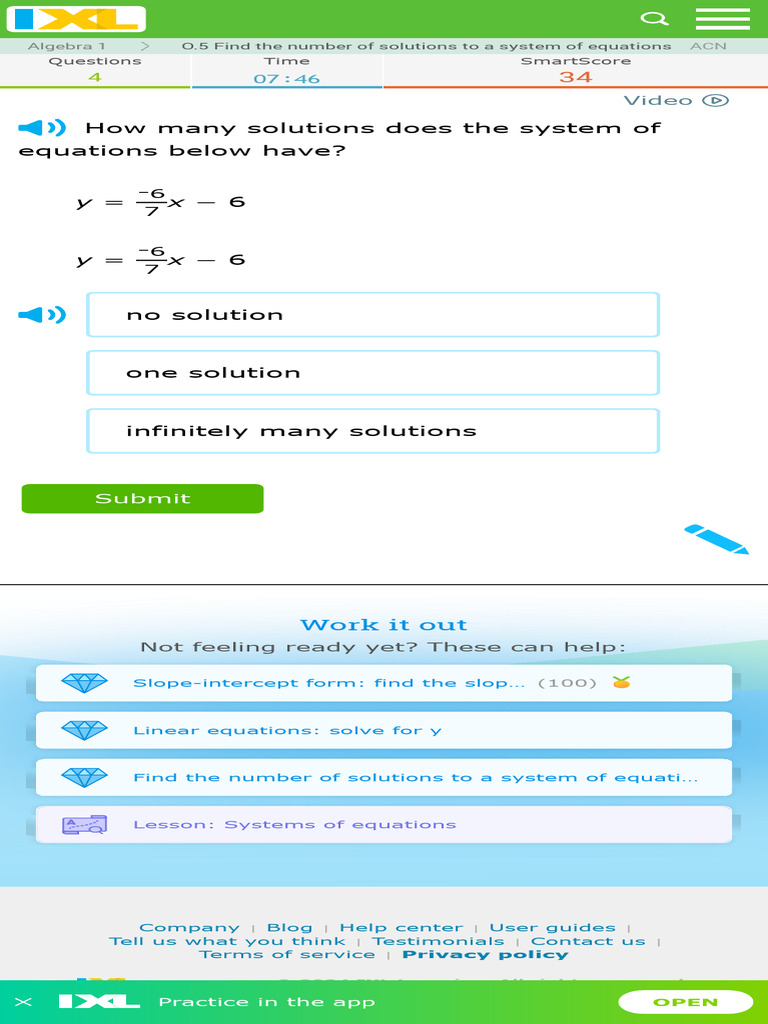Ixl Find The Number Of Solutions To A System Of Equations Algebra 1