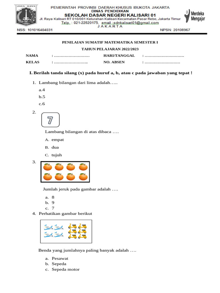 Penilaian Sumatif Akhir Semester 1 KLS 1 - MTK | PDF