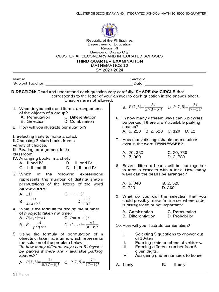 MATH-10-TQ-3RD-Q-23-24 | PDF | Permutation | Mathematics