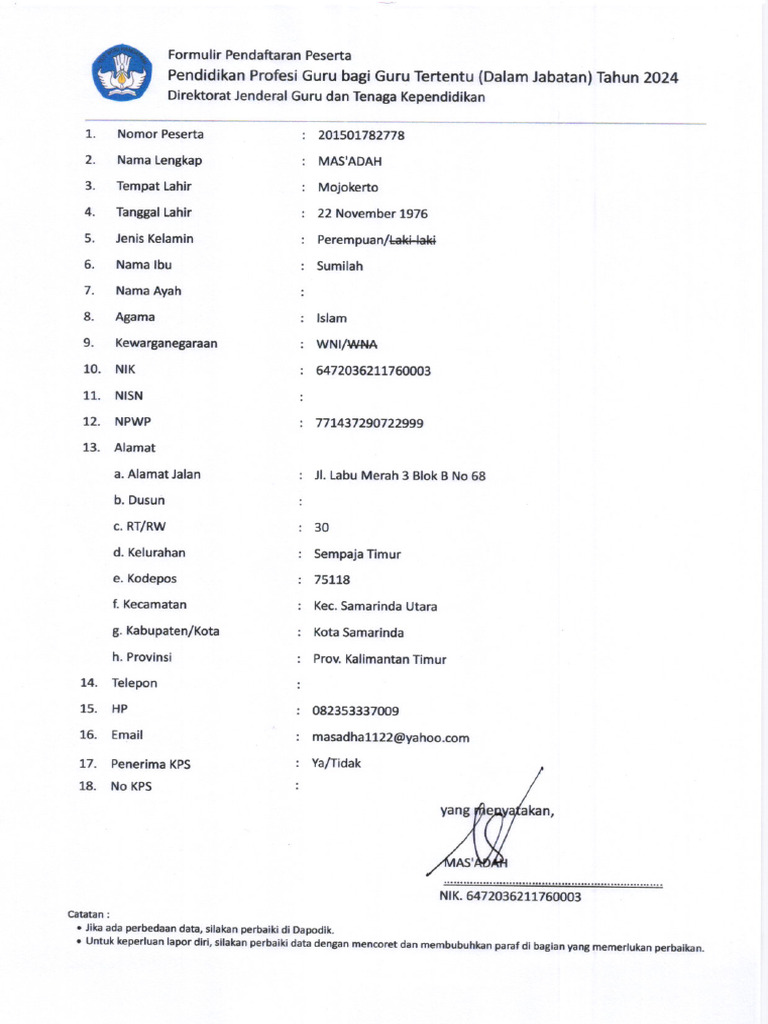 Formulir Pendaftar Peserta PPG | PDF