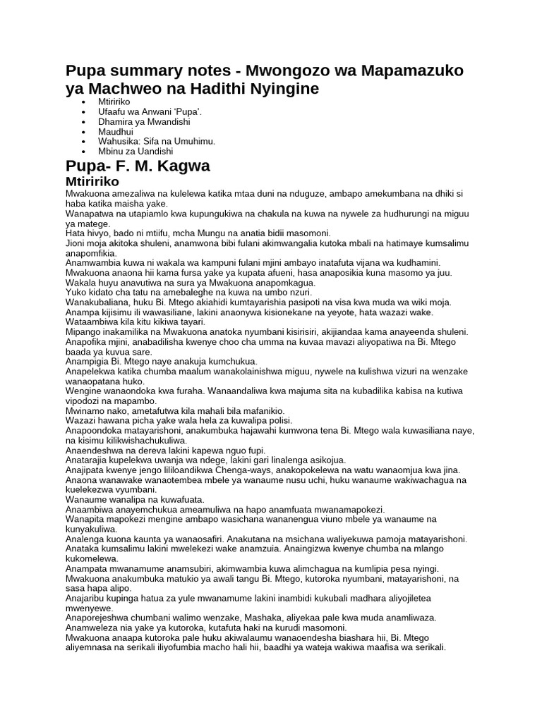 Pupa Summary Notes - Mwongozo Wa Mapamazuko Ya Machweo Na Hadithi ...