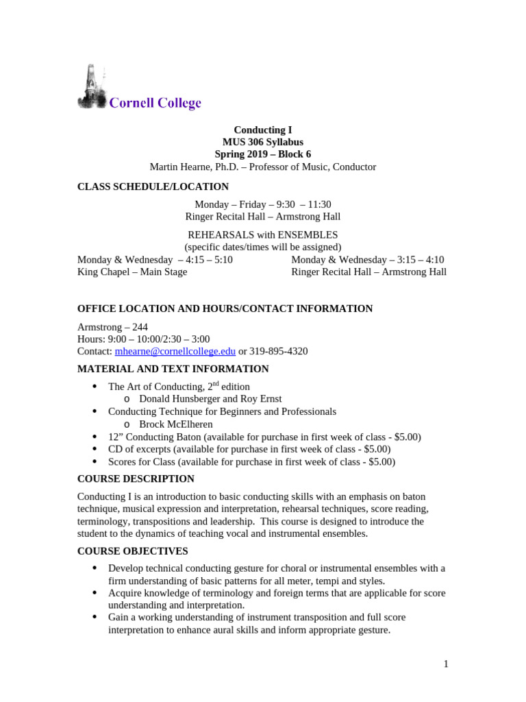 MUS 306 Conducting Syllabus (2019) | PDF | Conducting | Academic Dishonesty