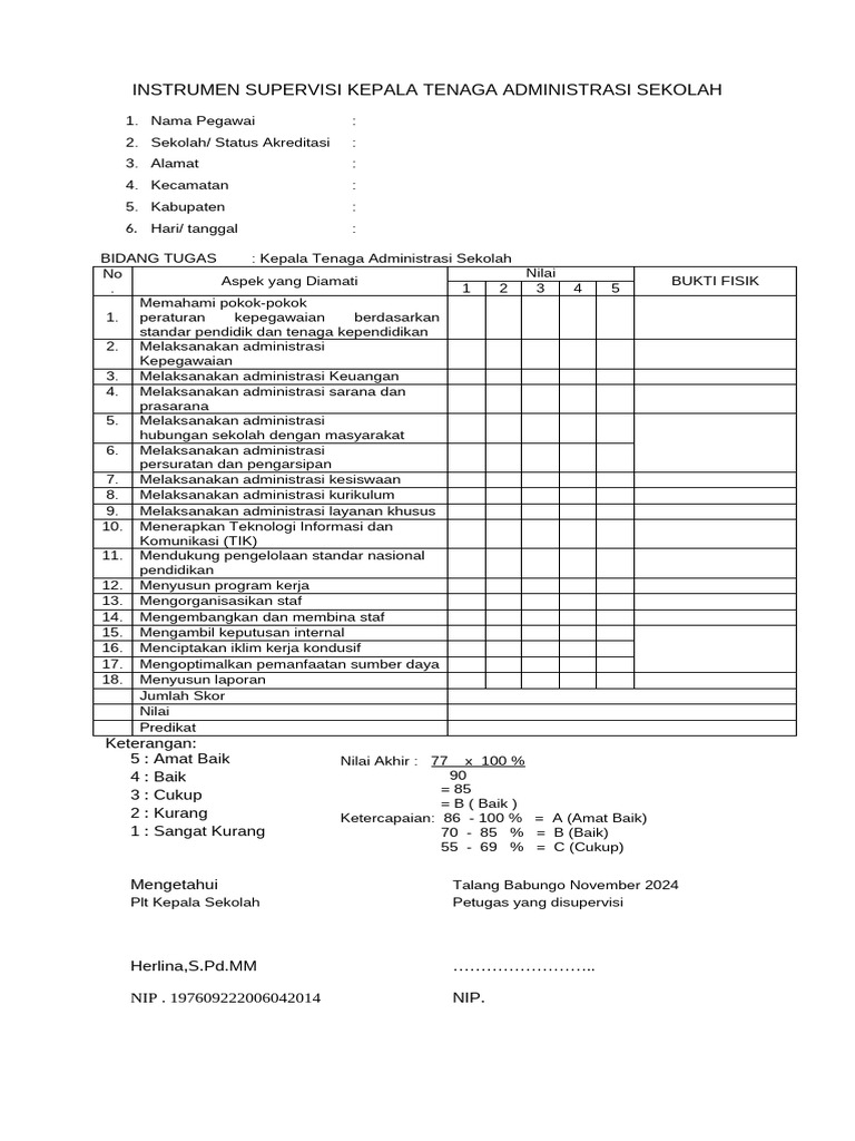 Instrumen Supervisi Tenaga Kependidikan | PDF