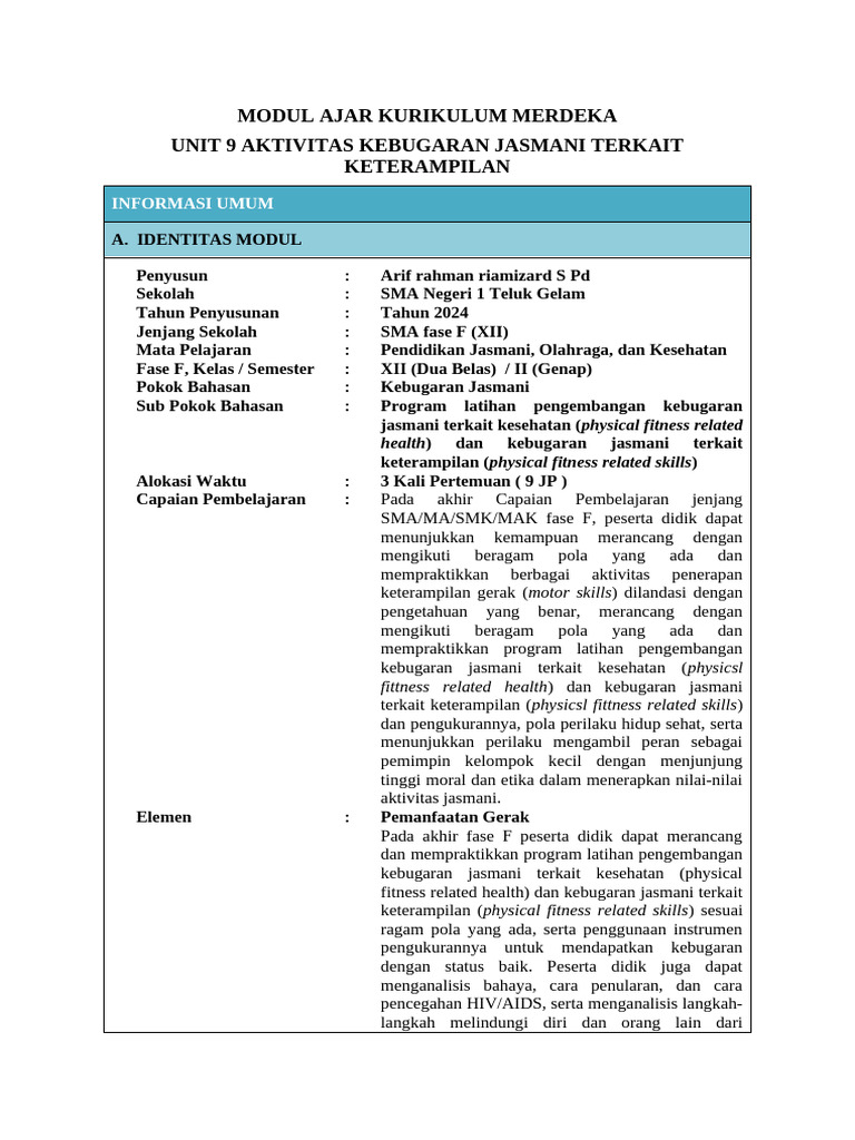 Modul Ajar Unit 9 Aktivitas Kebugaran Jasmani Terkait Keterampilan | PDF | Karier & Perkembangan