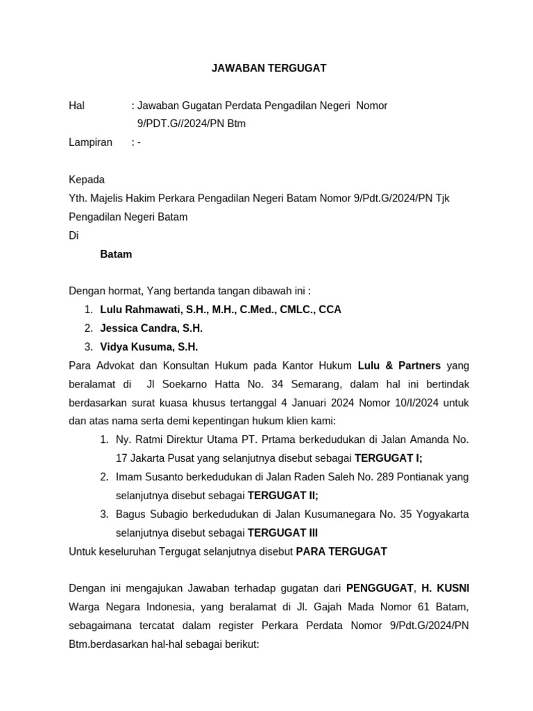 Jawaban Gugatan Perdata Nomor 9/PDT.G | PDF