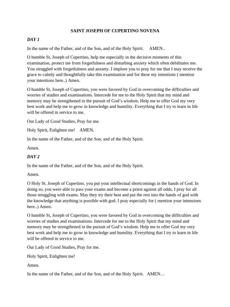Saint Joseph of Cupertino Novena | PDF | Humility | Prayer