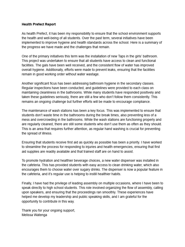 Prefectorial Report | PDF | Hygiene | Public Health