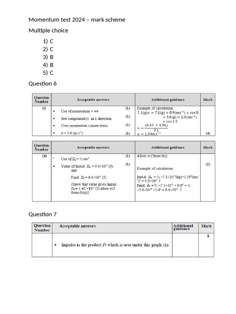Momentum Test 2024 Mark Scheme 1 2 | PDF | Teaching Methods & Materials ...