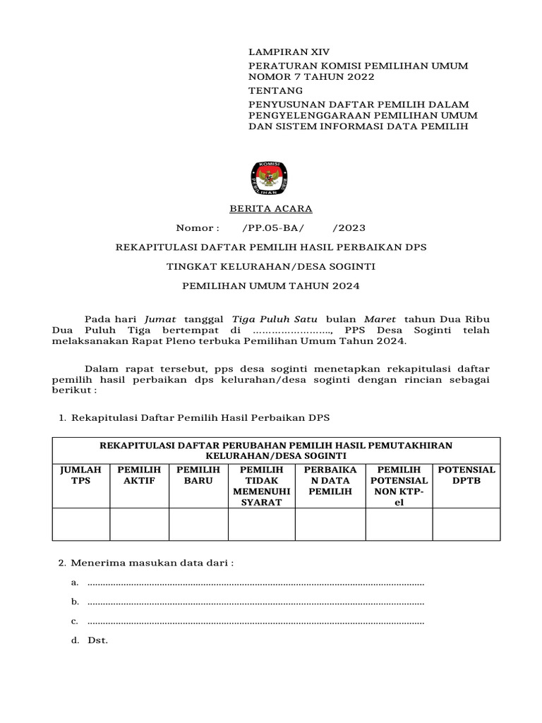 Lampiran Xiv Berita Acara Pleno DPS Perbaikan | PDF