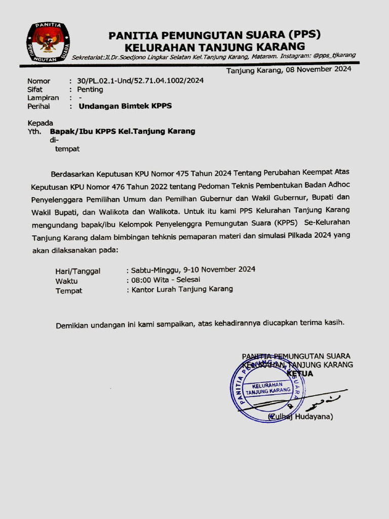 Undangan Bimtek Kpps Pilkada 2024 | PDF