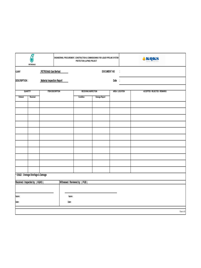 Form I-01 Material Inspection Form | PDF
