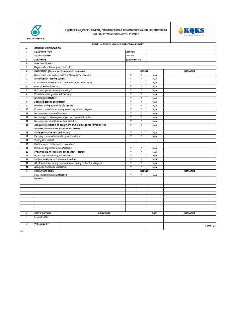 Instrument Equipment Inspection Report | PDF | Electrical Engineering ...