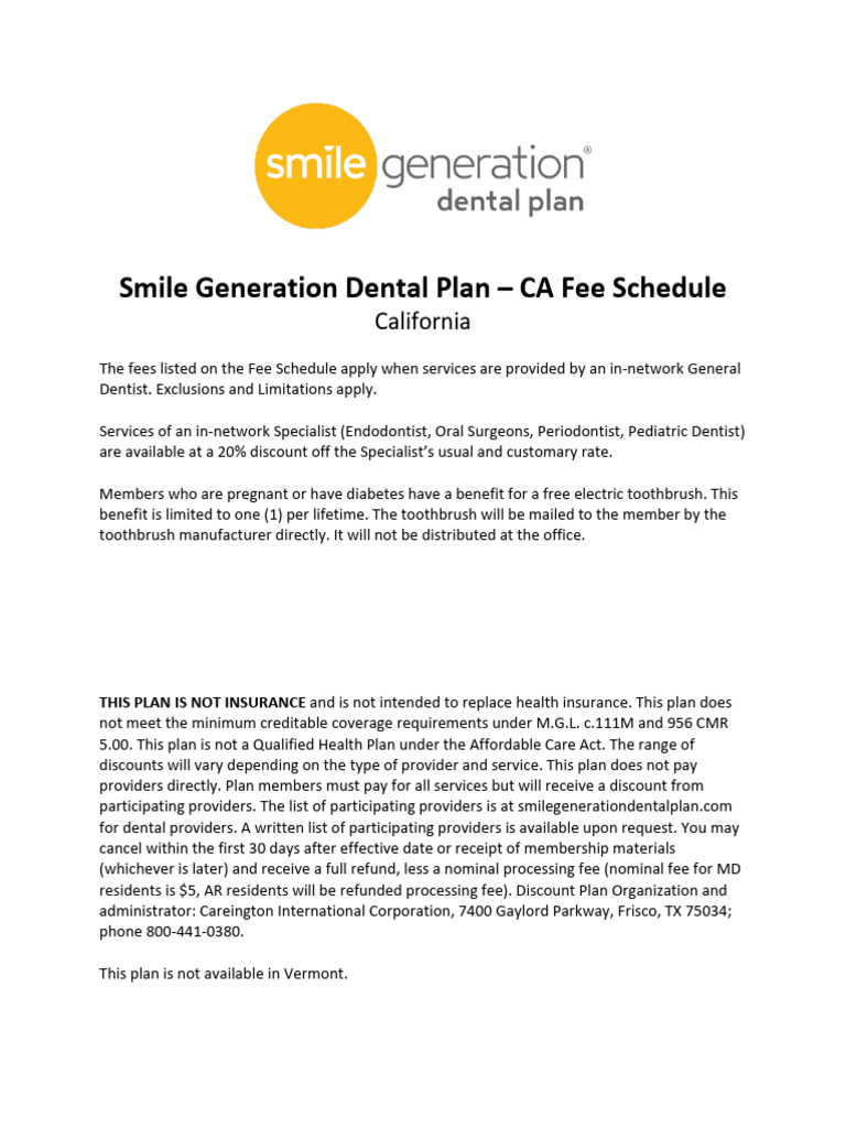 Smile Generation Dental Plan Fees CA | PDF | Dental Implant | Dentures