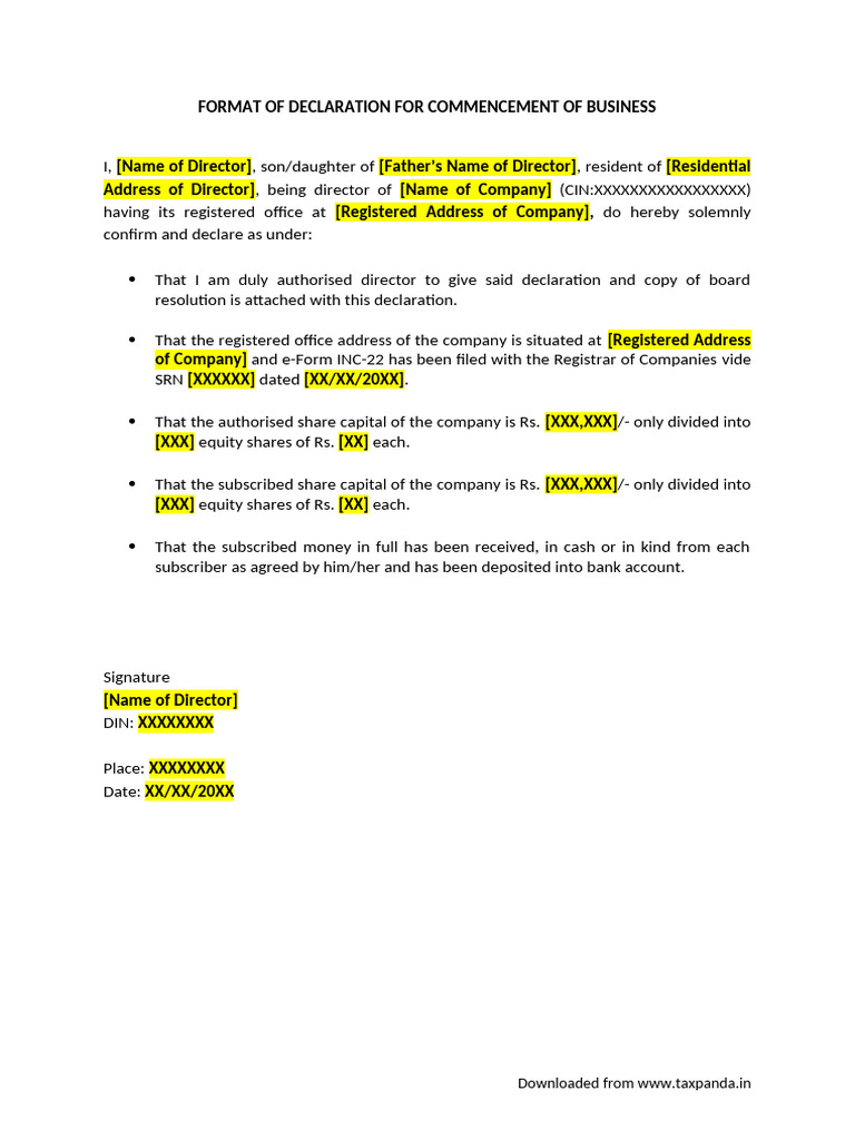Format of Declaration For Commencement of Business - TaxPanda - in | PDF