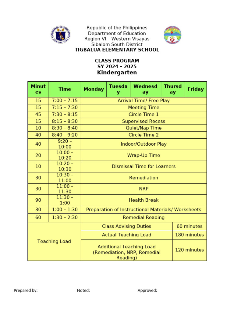 Class Program Kinder 2024 MATATAG NEW | PDF | Social Institutions | Learning