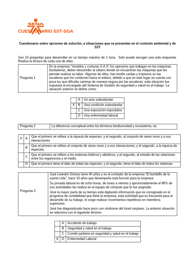 Cuestionario SST-SGA (2) .Docx PROFE DE SALUD EN EL TRABAJO | PDF | Entorno natural | Ecosistema