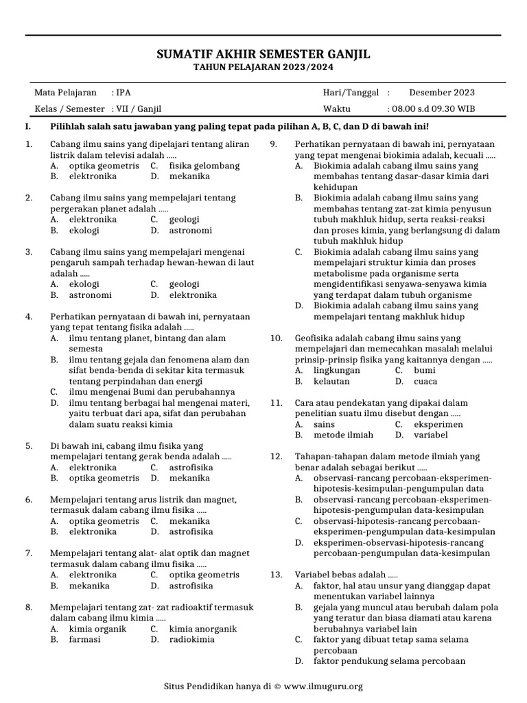Sumatif Akhir Semester Ipa Vii | PDF | Sains & Matematika