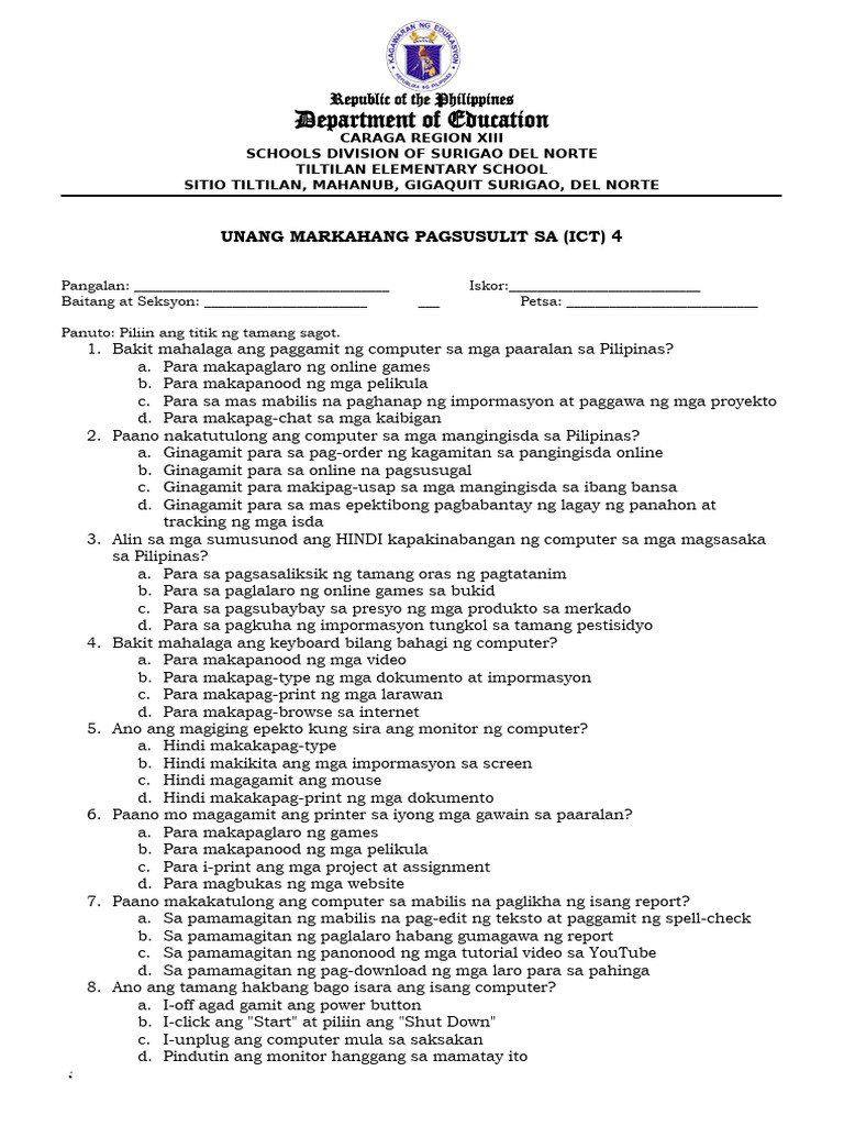Grade 4 Matatag First Periodical Test in EPP 4 | PDF