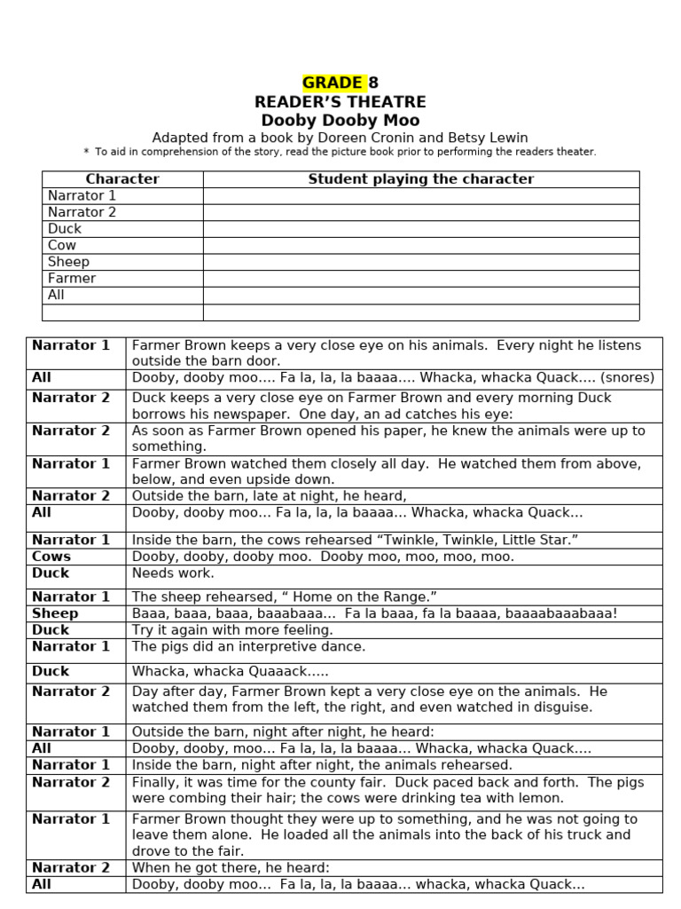 Dooby Dooby Moo Readers Theater | PDF
