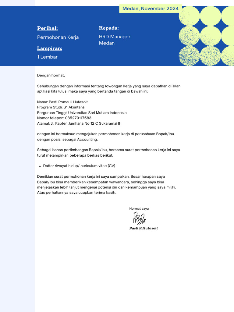 Surat Lamaran Uli - 20241111 - 105510 - 0000 | PDF