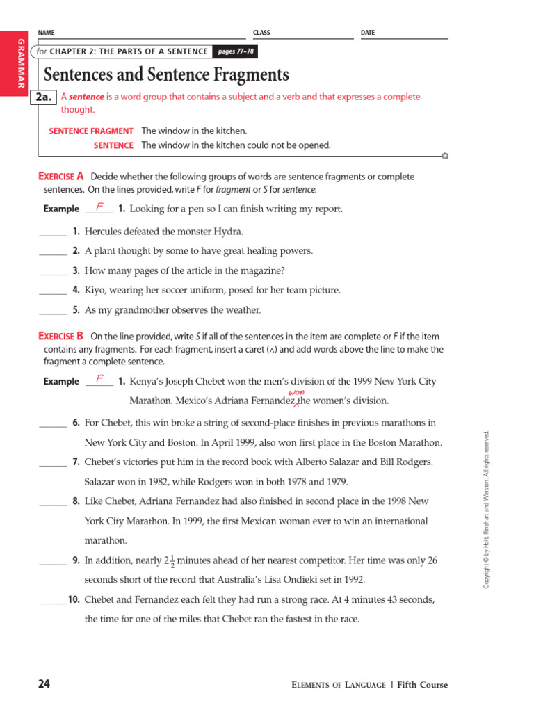 Sentence Fragments Worksheet | PDF | Linguistics