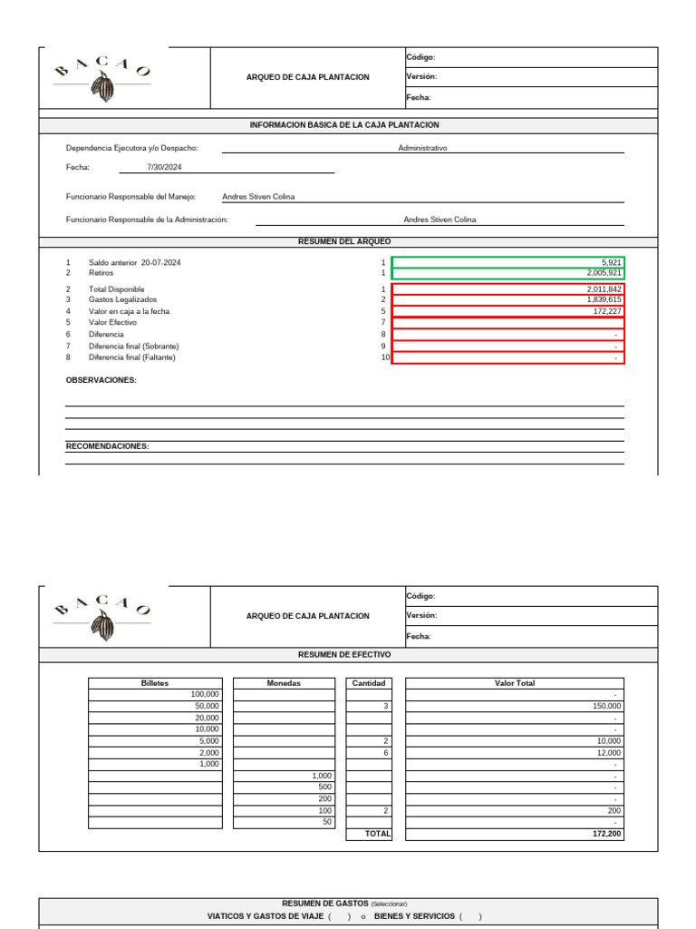 Formato Arqueo de Caja Final Octubre | PDF