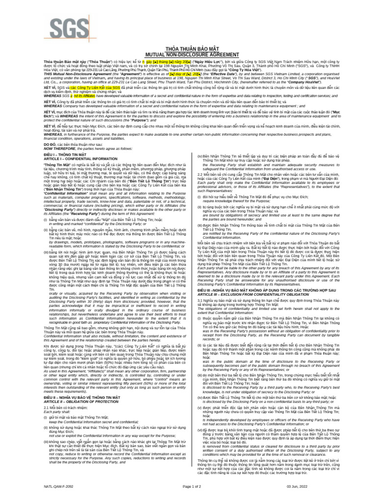 NATL-QAM-F-2092-SGS - Mutual Non-Disclosure Agreement - EnVn (Đư C T PH C H I) | PDF