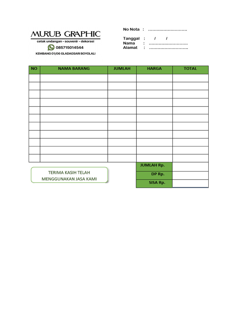 Contoh Template Nota Dekorasi | PDF
