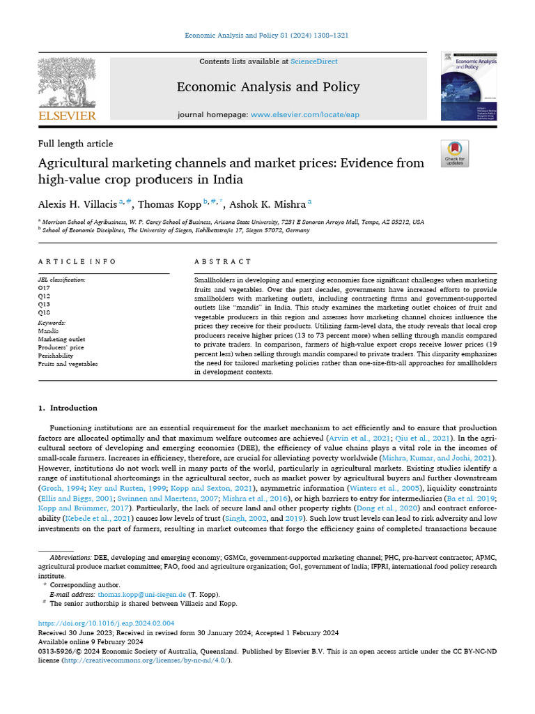 Agricultural Marketing Channels and Market Prices Evidance From High ...