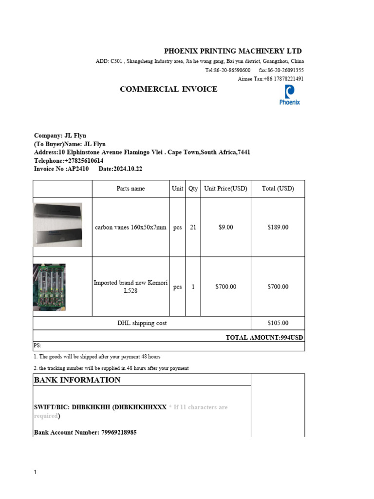 南非 Iain 2024-10-23 Commercial Invoice | PDF