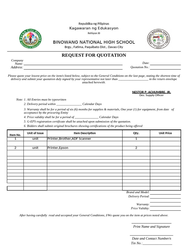 Request For Quotation Form | PDF | Finance & Money Management