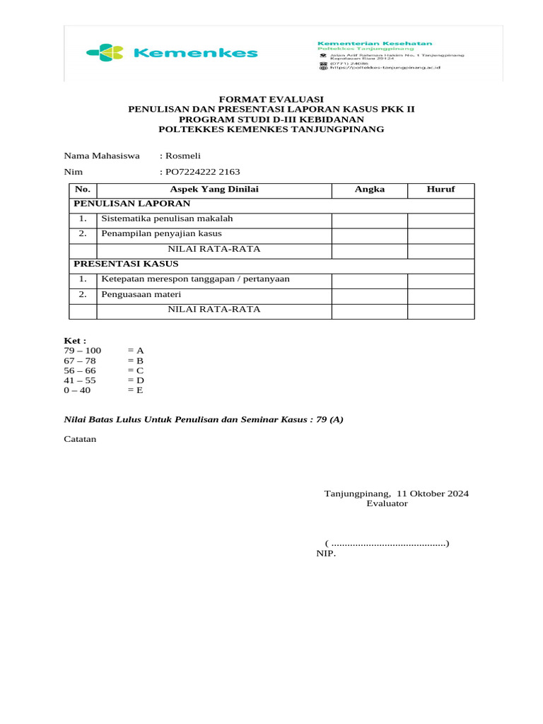 Format Penilaian PKK 2 Gel 1 - Rosmeli Part 1 | PDF