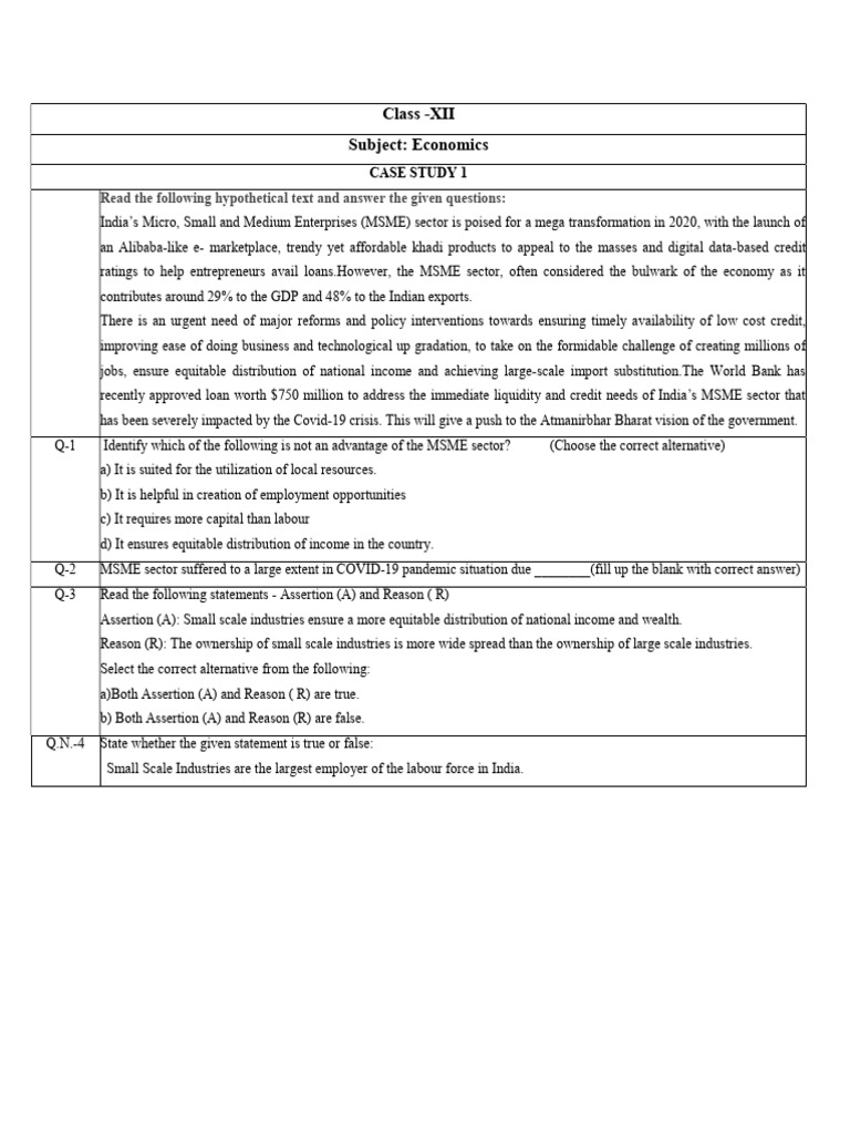 CLASS XII Economics CASE STUDY BASED QUESTION 2024-25 | PDF | Gross ...