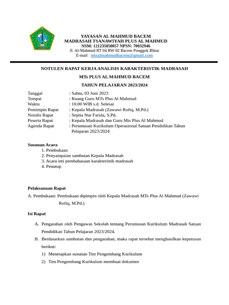 Notulen Rapat Analisis Karakteristik Madrasah 2023-2024 | PDF