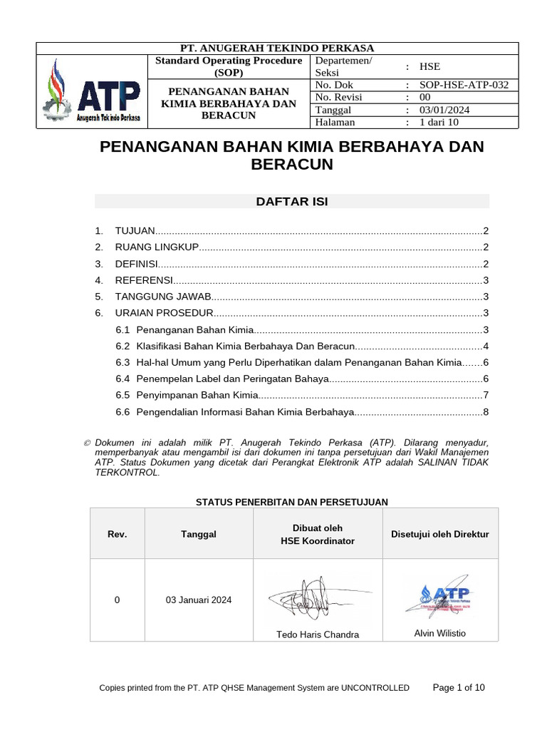 SOP-HSE-ATP-032 Prosedur Kerja Penanganan B3 | PDF