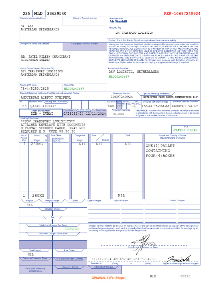 Airway Bill for DSV Shipment to Dubai | PDF