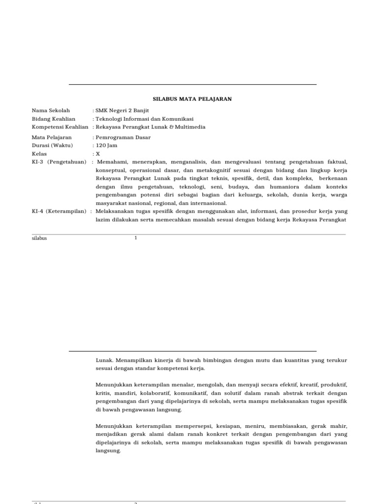 SILABUS Pemrograman Dasar | PDF