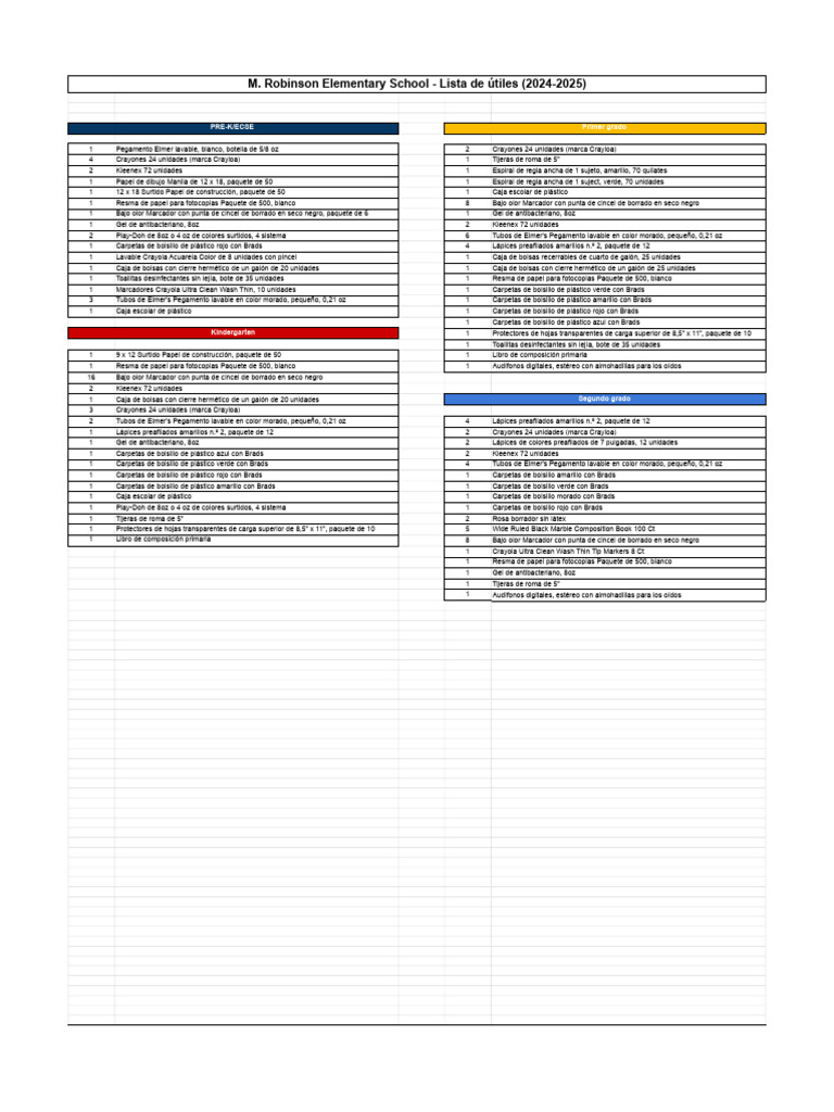 M. Robinson Elementary School Supply List 2024-2025 - Spanish | PDF ...