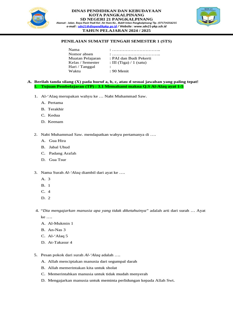 Soal Pai STS Kelas 3 Semester 1 2024 | PDF