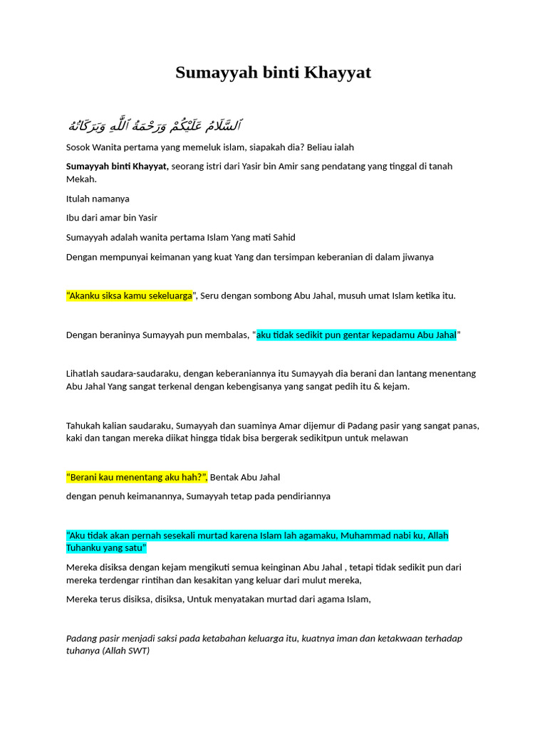 Biografi Sumayyah Binti Khayyat | PDF