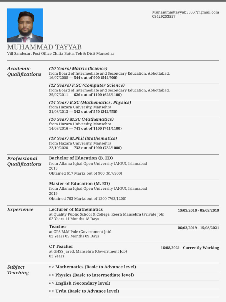 Muhammad Tayyab - Experienced Math Teacher | PDF | Qualifications ...