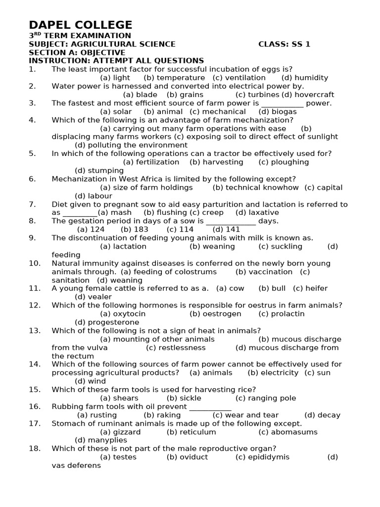 SS1 & SS2 Agricultural Science Exam Questions | PDF | Habitat | Flowers