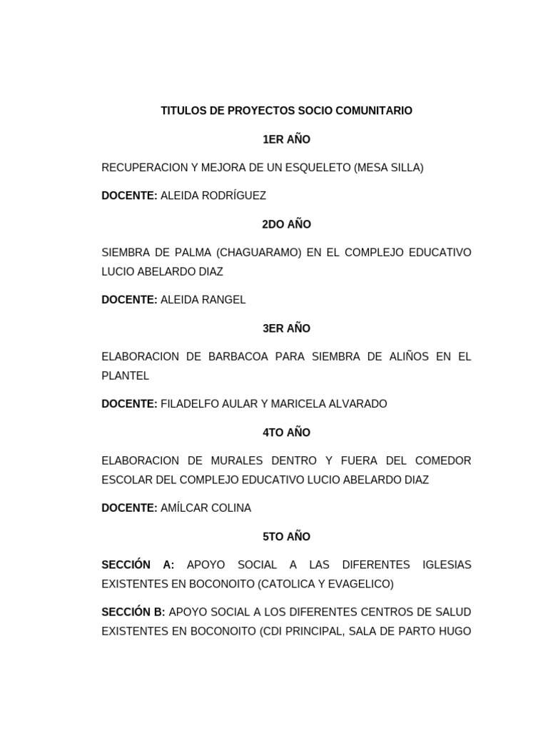 Titulos de Proyectos Socio Comunitario | PDF