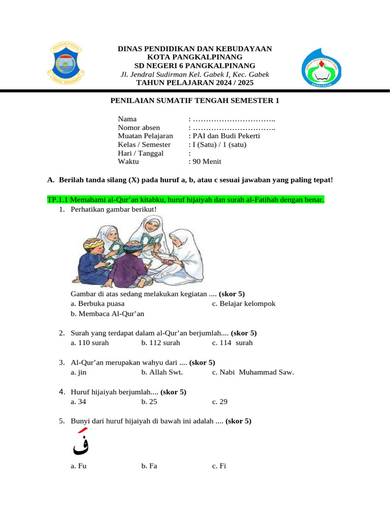 Soal STS Pai Kelas 1 Semester 1 | PDF